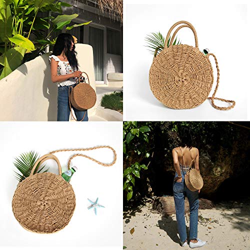 Teeya Straw Crossbody Bag Women Weave Shoulder Bag Round Summer Beach Purse and Handbags, Khaki, Medium