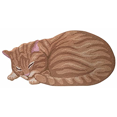 WHAT ON EARTH Sleeping Cat Rug - Cute Hand Hooked Animal Shaped Accent Rug, Orange Tabby