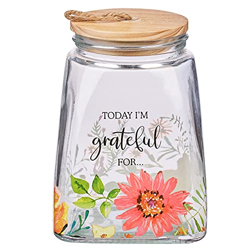 Christian Art Gifts Keepsake Count Your Blessings Glass Gratitude Jar Set with Bible Verse Note Cards - Today I'm Grateful For, Floral Orange Daisy