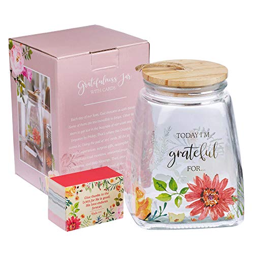 Christian Art Gifts Keepsake Count Your Blessings Glass Gratitude Jar Set with Bible Verse Note Cards - Today I'm Grateful For, Floral Orange Daisy