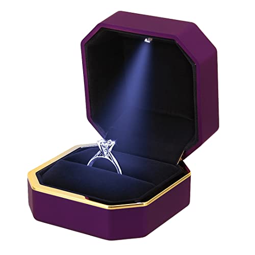 Multifit Square Shape Velvet Proposal Engagement Ring Box Case LED Light Jewelry Coin Gift Box(Purple)