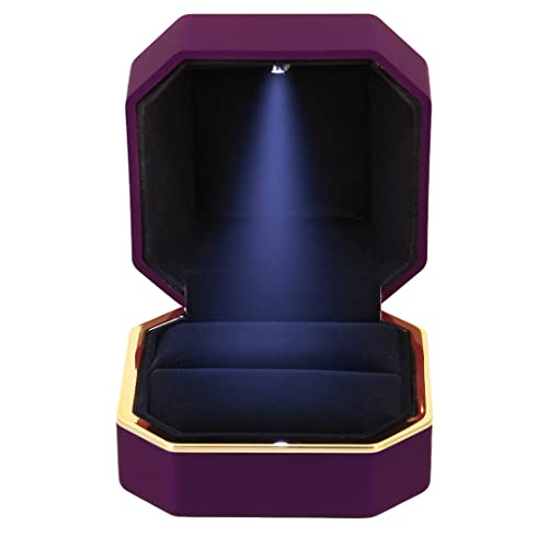 Multifit Square Shape Velvet Proposal Engagement Ring Box Case LED Light Jewelry Coin Gift Box(Purple)