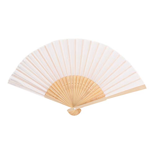 Sepwedd 50pcs White Imitated Silk Fabric Bamboo Folded Hand Fan Bridal Dancing Props Church Wedding Gift Party Favors with Gift Bags