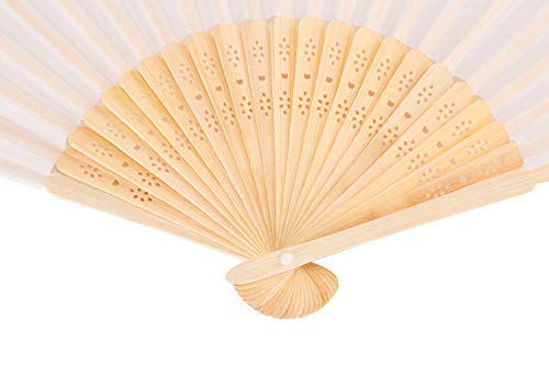 Sepwedd 50pcs White Imitated Silk Fabric Bamboo Folded Hand Fan Bridal Dancing Props Church Wedding Gift Party Favors with Gift Bags