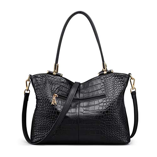 Black Leather Satchel Handbags for Women, Genuine Leather Crocodile Pattern Ladies Alligator Top-handle Bags with Adjustable Shoulder Straps Women's Tote Purses and Handbags Womens Casual Carryalls