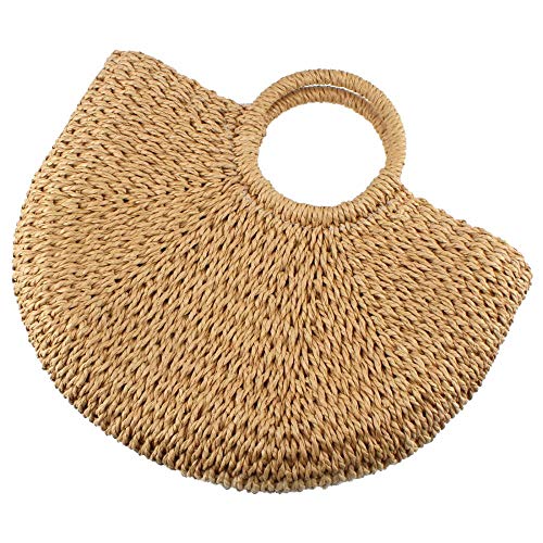 Hand-woven Straw Large Hobo Bag for Women Round Handle Ring Toto Retro Summer Beach Straw Bag (Brown)