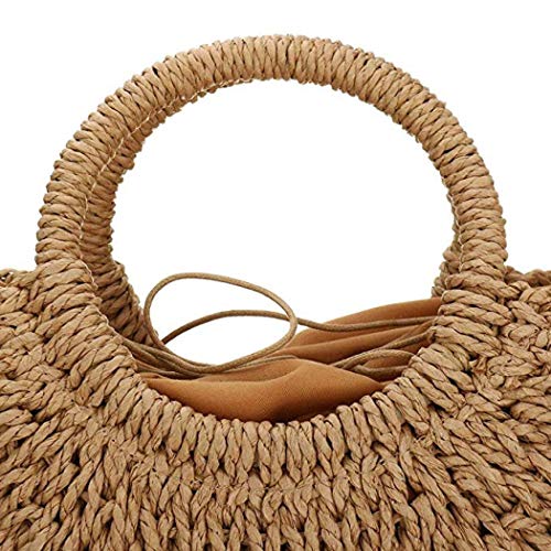 Hand-woven Straw Large Hobo Bag for Women Round Handle Ring Toto Retro Summer Beach Straw Bag (Brown)