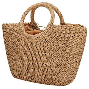 Hand-woven Straw Large Hobo Bag for Women Round Handle Ring Toto Retro Summer Beach Straw Bag (Brown)