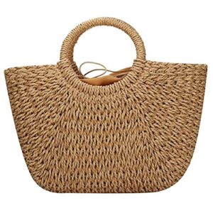 Hand-woven Straw Large Hobo Bag for Women Round Handle Ring Toto Retro Summer Beach Straw Bag (Brown)