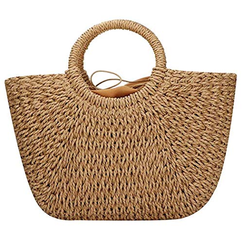 Hand-woven Straw Large Hobo Bag for Women Round Handle Ring Toto Retro Summer Beach Straw Bag (Brown)