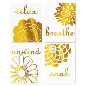 lhiuem gold and white bathroom pictures wall art decor,abstract flowers gold foil print,set of 4 soak relax unwind quote and saying yellow art print for bathroom toilet decor (8 x 10, unframed)