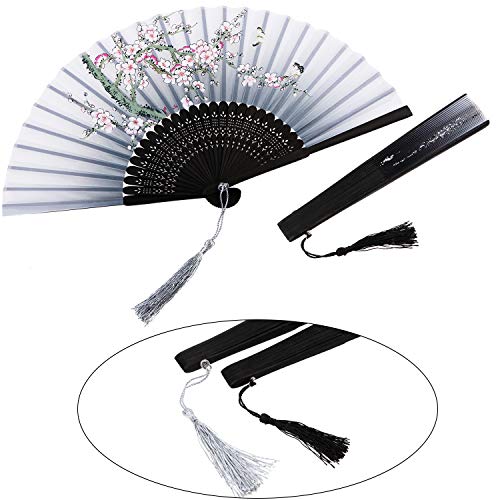 Zonon Handheld Floral Folding Fans Hand Held Fans Silk Bamboo Fans with Tassel Women's Hollowed Bamboo Hand Holding Fans for Women and Men (2 Gray, 2 Black)