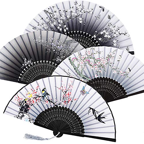 Zonon Handheld Floral Folding Fans Hand Held Fans Silk Bamboo Fans with Tassel Women's Hollowed Bamboo Hand Holding Fans for Women and Men (2 Gray, 2 Black)