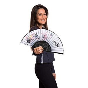 Zonon Handheld Floral Folding Fans Hand Held Fans Silk Bamboo Fans with Tassel Women's Hollowed Bamboo Hand Holding Fans for Women and Men (2 Gray, 2 Black)