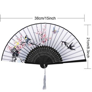 Zonon Handheld Floral Folding Fans Hand Held Fans Silk Bamboo Fans with Tassel Women's Hollowed Bamboo Hand Holding Fans for Women and Men (2 Gray, 2 Black)