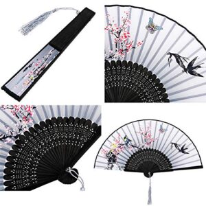 Zonon Handheld Floral Folding Fans Hand Held Fans Silk Bamboo Fans with Tassel Women's Hollowed Bamboo Hand Holding Fans for Women and Men (2 Gray, 2 Black)