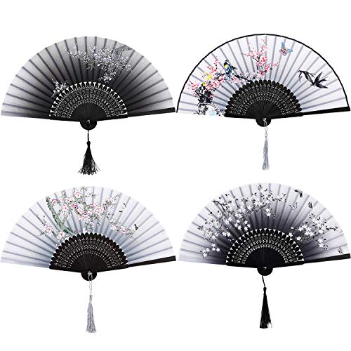 Zonon Handheld Floral Folding Fans Hand Held Fans Silk Bamboo Fans with Tassel Women's Hollowed Bamboo Hand Holding Fans for Women and Men (2 Gray, 2 Black)