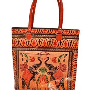 Zint 100% Genuine Leather Women's Batik Indian Shantiniketan Ethnic Tote Bag Twin Royal Elephant Design