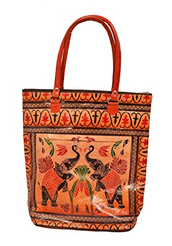 Zint 100% Genuine Leather Women's Batik Indian Shantiniketan Ethnic Tote Bag Twin Royal Elephant Design