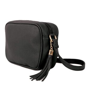 Classic Vegan Leather Small Crossbody Handbag - Rectangle Camera Travel Purse Satchel Shoulder, Round Messenger Bag (Tassel Camera Bag - Black)