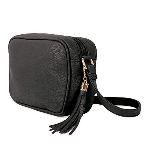 Classic Vegan Leather Small Crossbody Handbag - Rectangle Camera Travel Purse Satchel Shoulder, Round Messenger Bag (Tassel Camera Bag - Black)