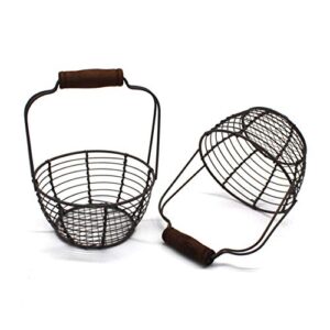 CVHOMEDECO. Metal Wire Mini Egg Baskets Rust Gathering Baskets with Wooden Handle Country Vintage Style Storage Baskets. Set of 2