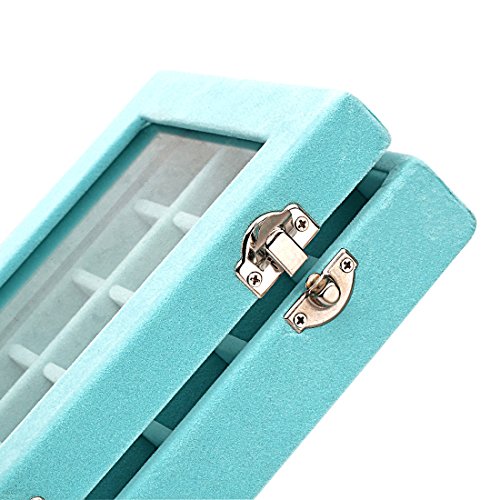 Ivosmart Velvet Glass Jewelry Ring Display Organiser Box Tray Holder Earrings Storage Case (Light Blue)