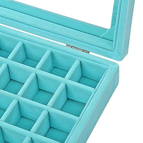 Ivosmart Velvet Glass Jewelry Ring Display Organiser Box Tray Holder Earrings Storage Case (Light Blue)