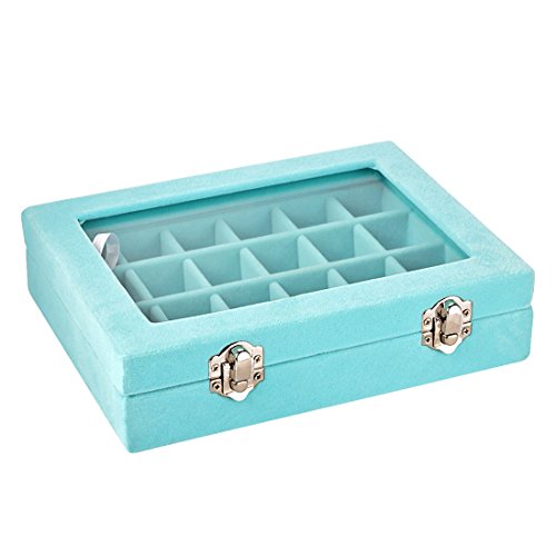 Ivosmart Velvet Glass Jewelry Ring Display Organiser Box Tray Holder Earrings Storage Case (Light Blue)