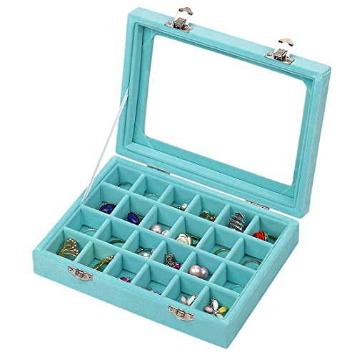 Ivosmart Velvet Glass Jewelry Ring Display Organiser Box Tray Holder Earrings Storage Case (Light Blue)