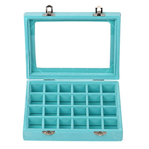 Ivosmart Velvet Glass Jewelry Ring Display Organiser Box Tray Holder Earrings Storage Case (Light Blue)