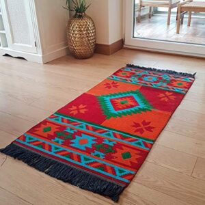 Secret Sea Collection, Mexican Area Rug, Washable Reversible Entrance Kitchen Bathroom Living Room Bedroom Dinning Room Country Farmhouse Authentic (2' x 4' ft, Red,Orange-Turquoise)