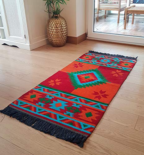 Secret Sea Collection, Mexican Area Rug, Washable Reversible Entrance Kitchen Bathroom Living Room Bedroom Dinning Room Country Farmhouse Authentic (2' x 4' ft, Red,Orange-Turquoise)