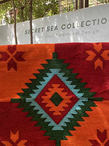 Secret Sea Collection, Mexican Area Rug, Washable Reversible Entrance Kitchen Bathroom Living Room Bedroom Dinning Room Country Farmhouse Authentic (2' x 4' ft, Red,Orange-Turquoise)