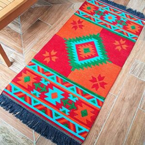 Secret Sea Collection, Mexican Area Rug, Washable Reversible Entrance Kitchen Bathroom Living Room Bedroom Dinning Room Country Farmhouse Authentic (2' x 4' ft, Red,Orange-Turquoise)