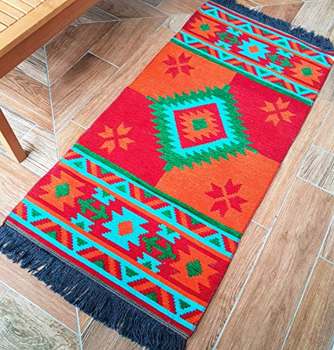 Secret Sea Collection, Mexican Area Rug, Washable Reversible Entrance Kitchen Bathroom Living Room Bedroom Dinning Room Country Farmhouse Authentic (2' x 4' ft, Red,Orange-Turquoise)