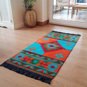 Secret Sea Collection, Mexican Area Rug, Washable Reversible Entrance Kitchen Bathroom Living Room Bedroom Dinning Room Country Farmhouse Authentic (2' x 4' ft, Red,Orange-Turquoise)