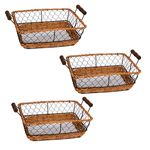 Trademark Innovations Rectangular Wire Storage Basket with Handles and Seagrass (Set of 3)