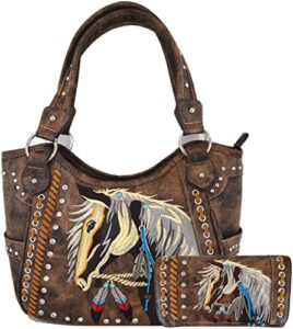 tooled leather laser cut western style horse cowgirl purse country totes women handbag everyday shoulder bags wallet set (#2 brown set)