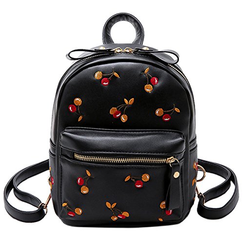 Monique Girls Women Mini Cherry Print Backpack Small Casual Daypack Convertible Shoulder Bag Cross-body Bag Handbag Black