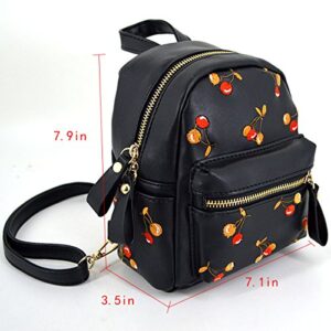 Monique Girls Women Mini Cherry Print Backpack Small Casual Daypack Convertible Shoulder Bag Cross-body Bag Handbag Black