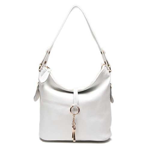 Fashion Designer Women Shoulder Bag Metal Tassel Real Leather Tote Handbag Ladies Crossbody (White)