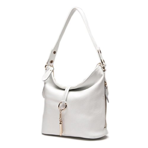 Fashion Designer Women Shoulder Bag Metal Tassel Real Leather Tote Handbag Ladies Crossbody (White)