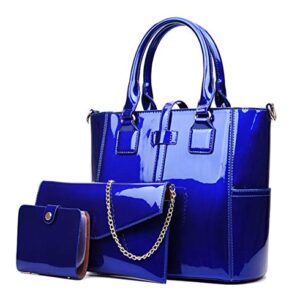 Yan Show Women's New Zipper Bag 3PCS Handbags Patent Leather Fashion Shoulder Bag Large Capacity Handbag, Blue