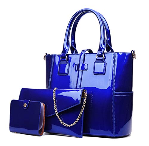 Yan Show Women's New Zipper Bag 3PCS Handbags Patent Leather Fashion Shoulder Bag Large Capacity Handbag, Blue