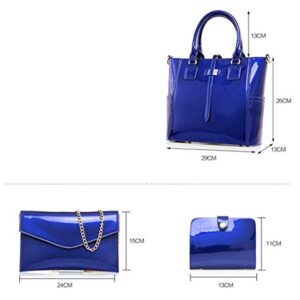 Yan Show Women's New Zipper Bag 3PCS Handbags Patent Leather Fashion Shoulder Bag Large Capacity Handbag, Blue