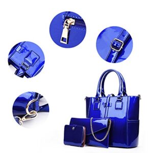 Yan Show Women's New Zipper Bag 3PCS Handbags Patent Leather Fashion Shoulder Bag Large Capacity Handbag, Blue