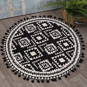 haocoo round area rugs 2ft with pom pom ball fringe black and beige soft velvet small throw rugs non-slip boho geometric floor carpet for bedroom living room bathroom home decor