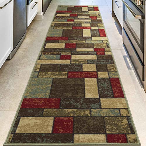 Machine Washable Boxes Design Non-Slip Rubberback 3x10 Traditional Runner Rug for Hallway, Kitchen, Bedroom, Living Room, 2'7" x 9'10", Multicolor