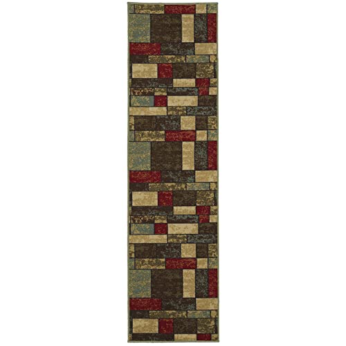 Machine Washable Boxes Design Non-Slip Rubberback 3x10 Traditional Runner Rug for Hallway, Kitchen, Bedroom, Living Room, 2'7" x 9'10", Multicolor